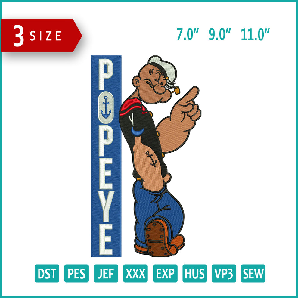 Popeye v3 Embroidery Design Files - 3 Size's – Online Embroidery Designs
